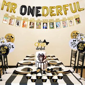 Mr Onederful 1st Birthday Decorations Kit - Wonderful Cake Cupcake Topper, Onederful Balloons, First Birthday Photo Banner for Little Man/Bow Tie 1st Birthday Boy Baby Shower Party Supplies Decor