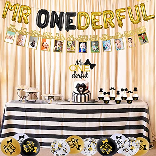 Mr Onederful 1st Birthday Decorations Kit - Wonderful Cake Cupcake Topper, Onederful Balloons, First Birthday Photo Banner for Little Man/Bow Tie 1st Birthday Boy Baby Shower Party Supplies Decor