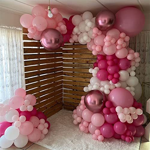 157pcs Pink Balloon Arch Garland Kit, Hot Pink Rose Red Chrome Balloons for Girls Birthday Princess Theme Bridal Baby Shower Wedding Background Decorations