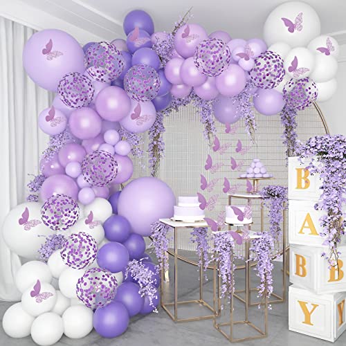 Pateeha Purple Balloon Garland Arch Kit 140 Pcs Purple Baby Shower Decorations for Girl Butterfly Sticker White Lavender Latex Balloons for Birthday Bridal Shower Wedding Decorations