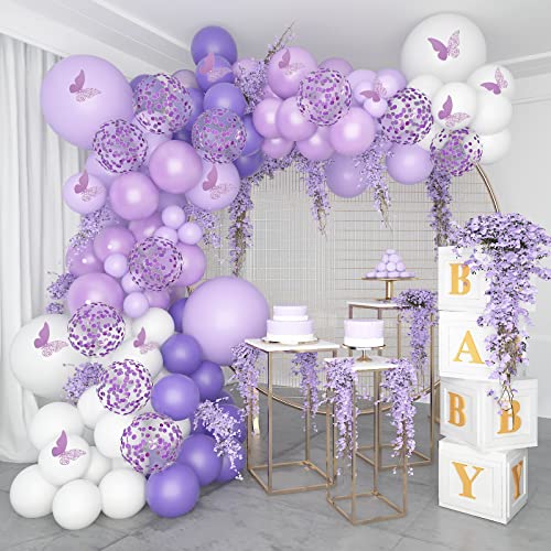 Pateeha Purple Balloon Garland Arch Kit 140 Pcs Purple Baby Shower Decorations for Girl Butterfly Sticker White Lavender Latex Balloons for Birthday Bridal Shower Wedding Decorations