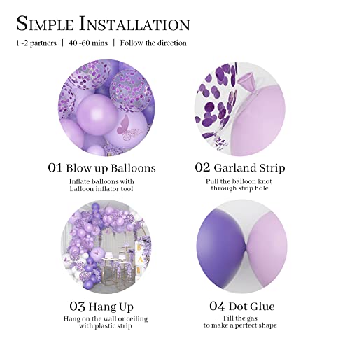 Pateeha Purple Balloon Garland Arch Kit 140 Pcs Purple Baby Shower Decorations for Girl Butterfly Sticker White Lavender Latex Balloons for Birthday Bridal Shower Wedding Decorations