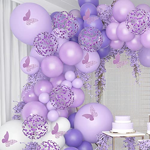 Pateeha Purple Balloon Garland Arch Kit 140 Pcs Purple Baby Shower Decorations for Girl Butterfly Sticker White Lavender Latex Balloons for Birthday Bridal Shower Wedding Decorations