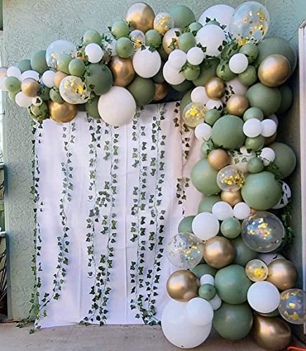 125pcs DIY Sage Green Balloon Garland Kit Olive Green White Gold Confetti and Metallic Gold Balloons for Wedding Birthday Party Baby Shower Decorations Jungle Safari Balloons