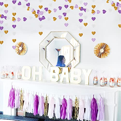 Purple-Gold Party-Decorations 3D Heart Garland - 39Ft White Purple Lavender Graduation Hanging Paper Streamers Banner, Valentines Day Women Birthday Wedding Engagement Baby Bridal Shower Decor Ouruola