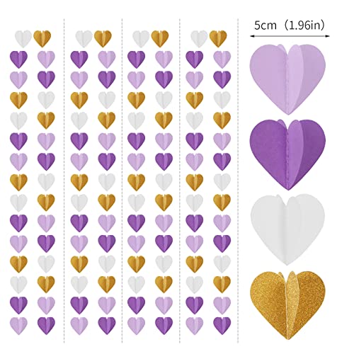 Purple-Gold Party-Decorations 3D Heart Garland - 39Ft White Purple Lavender Graduation Hanging Paper Streamers Banner, Valentines Day Women Birthday Wedding Engagement Baby Bridal Shower Decor Ouruola