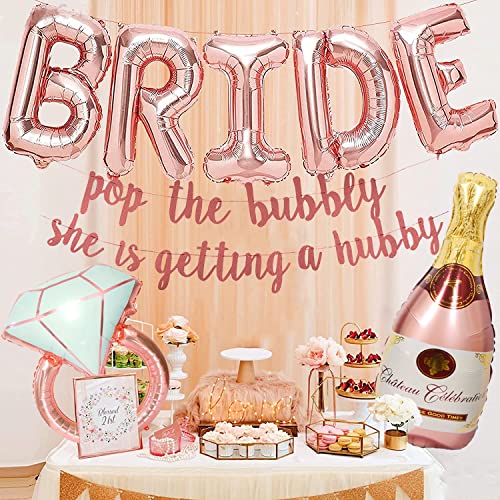 Bachelorette Party Decorations Kit, Bridal Shower Party Supplies Including Bride Balloons, Pop the Bubbly She's Getting a Hubby Banner, Ring & Champagne Bottle Foil Balloons, Rose Gold Balloons kit