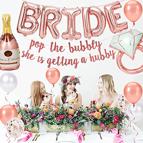 Bachelorette Party Decorations Kit, Bridal Shower Party Supplies Including Bride Balloons, Pop the Bubbly She's Getting a Hubby Banner, Ring & Champagne Bottle Foil Balloons, Rose Gold Balloons kit