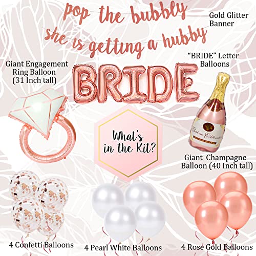 Bachelorette Party Decorations Kit, Bridal Shower Party Supplies Including Bride Balloons, Pop the Bubbly She's Getting a Hubby Banner, Ring & Champagne Bottle Foil Balloons, Rose Gold Balloons kit