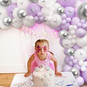 Lavender and Silver Balloon Garland Kit - BLOOMWIN Butterfly Theme Purple Balloon Arch Kit for Girl Baby Shower Women Bridal Shower Party Decorations - Purple and Silver Decorations for Birthday Party