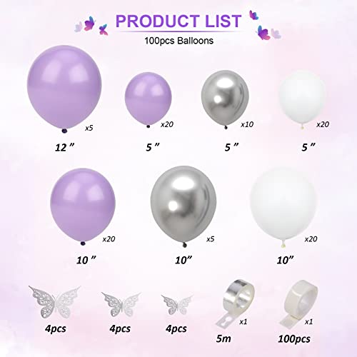 Lavender and Silver Balloon Garland Kit - BLOOMWIN Butterfly Theme Purple Balloon Arch Kit for Girl Baby Shower Women Bridal Shower Party Decorations - Purple and Silver Decorations for Birthday Party