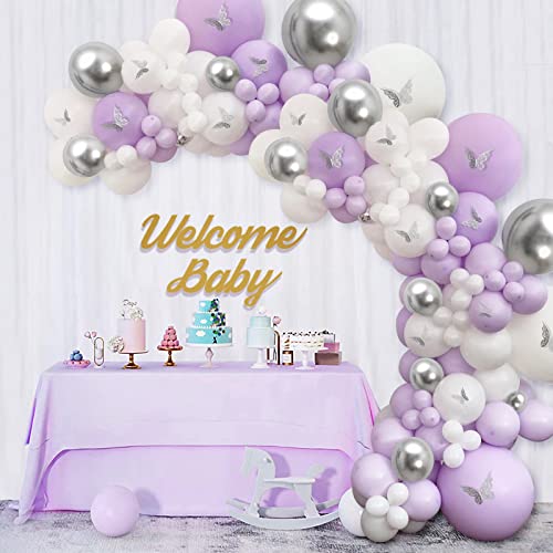 Lavender and Silver Balloon Garland Kit - BLOOMWIN Butterfly Theme Purple Balloon Arch Kit for Girl Baby Shower Women Bridal Shower Party Decorations - Purple and Silver Decorations for Birthday Party