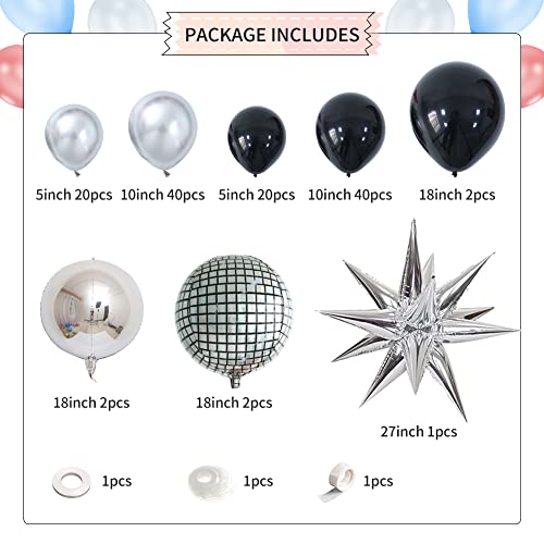 Diy 130pcs Black Sliver Balloons Garland Arch Kit with 4D Disco Foil Explosion Star for Birthday Wedding Baby Shower Disco Dance Party Decorations