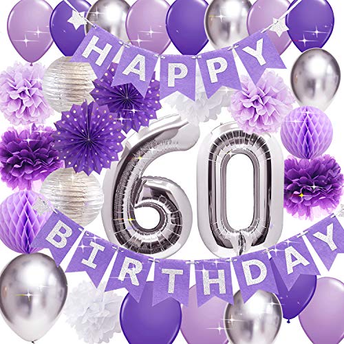 60th Birthday Decorations for Women Purple Silver Women 60 Birthday Happy Birthday Banner Purple Silver Latex Balloons Polka Dot Paper Fans/Purple 60th Birthday Decorations for Women