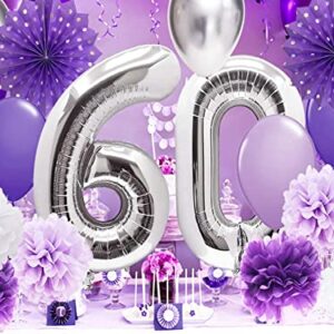 60th Birthday Decorations for Women Purple Silver Women 60 Birthday Happy Birthday Banner Purple Silver Latex Balloons Polka Dot Paper Fans/Purple 60th Birthday Decorations for Women