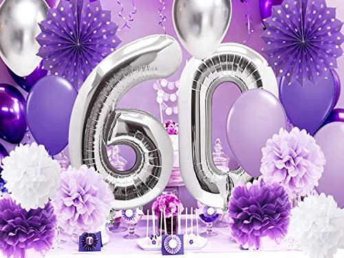 60th Birthday Decorations for Women Purple Silver Women 60 Birthday Happy Birthday Banner Purple Silver Latex Balloons Polka Dot Paper Fans/Purple 60th Birthday Decorations for Women