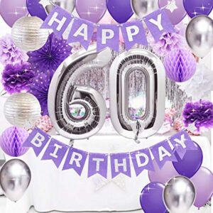 60th Birthday Decorations for Women Purple Silver Women 60 Birthday Happy Birthday Banner Purple Silver Latex Balloons Polka Dot Paper Fans/Purple 60th Birthday Decorations for Women