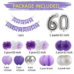 60th Birthday Decorations for Women Purple Silver Women 60 Birthday Happy Birthday Banner Purple Silver Latex Balloons Polka Dot Paper Fans/Purple 60th Birthday Decorations for Women