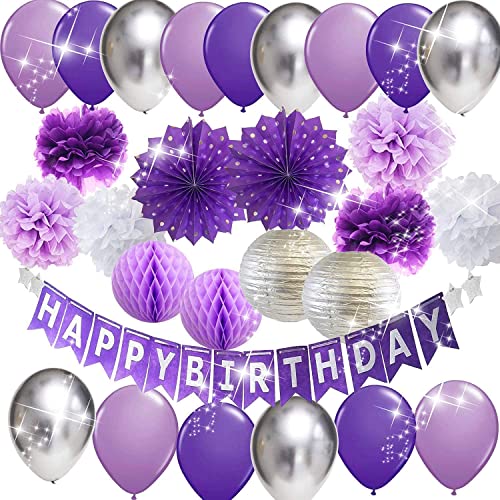 60th Birthday Decorations for Women Purple Silver Women 60 Birthday Happy Birthday Banner Purple Silver Latex Balloons Polka Dot Paper Fans/Purple 60th Birthday Decorations for Women