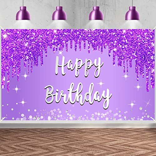 Purple Silver Happy Birthday Banner Party Decorations for Women Girls, Purple Happy Birthday Themed Backdrop Party Supplies, 10th 16th 21st 30th 40th 50th 60th Photo Props Sign Decor