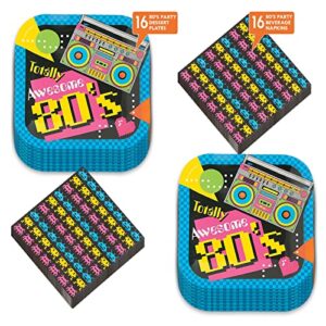 80s Theme Throwback Party Dessert Plates and Napkins - Totally Awesome Throwback Theme Disposable Tableware (Serves 16)