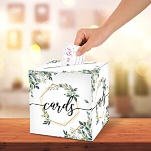 Greenery Card Box - Geometric Gold Foil Collapsible Money Box or Gift Box for Baby & Bride Shower, Birthday, Wedding Reception, Engagement Party, Graduation - 8"x8"x8" Party Favors Decorations Boxes(04)