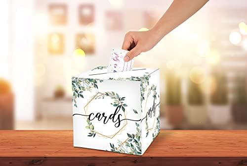 Greenery Card Box - Geometric Gold Foil Collapsible Money Box or Gift Box for Baby & Bride Shower, Birthday, Wedding Reception, Engagement Party, Graduation - 8"x8"x8" Party Favors Decorations Boxes(04)