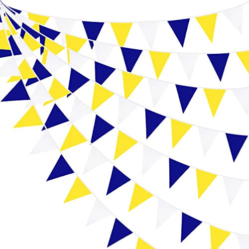 32Ft Blue Yellow White Triangle Flag Pennant Banner Bunting Fabric Garland for Wedding Birthday Ahoy Achor Nautical Pirate Bridal Baby Shower Under The Sea Party Festivals Decoration