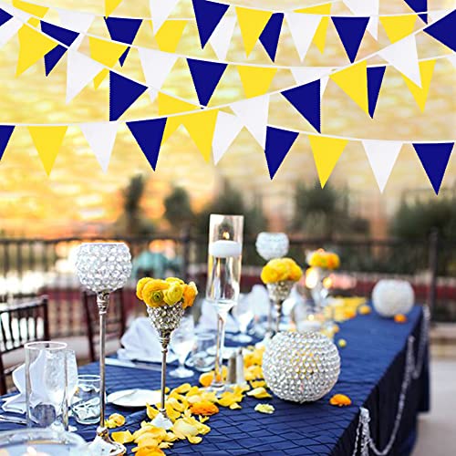 32Ft Blue Yellow White Triangle Flag Pennant Banner Bunting Fabric Garland for Wedding Birthday Ahoy Achor Nautical Pirate Bridal Baby Shower Under The Sea Party Festivals Decoration