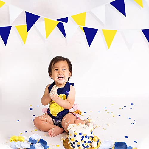 32Ft Blue Yellow White Triangle Flag Pennant Banner Bunting Fabric Garland for Wedding Birthday Ahoy Achor Nautical Pirate Bridal Baby Shower Under The Sea Party Festivals Decoration