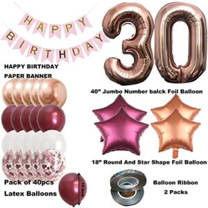 30th birthday Deocrations for her - Happy 30 Rose Red Balloons Kit for Woman Womens With Pink Banner and Jumbo 40inch Number (Burgundy Gold)