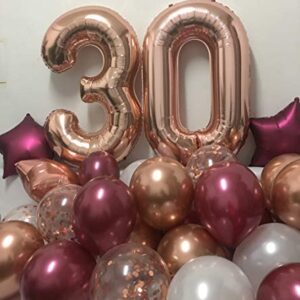 30th birthday Deocrations for her - Happy 30 Rose Red Balloons Kit for Woman Womens With Pink Banner and Jumbo 40inch Number (Burgundy Gold)