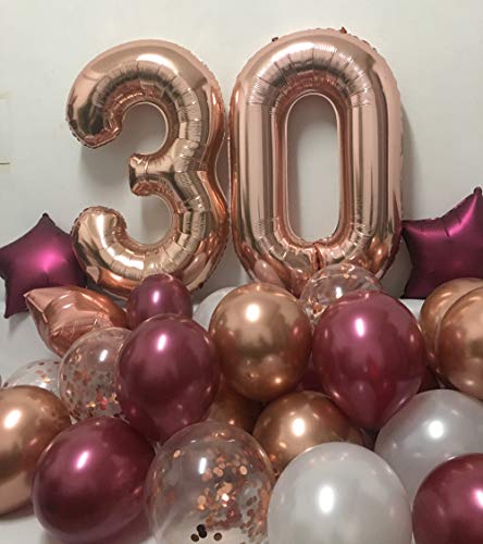 30th birthday Deocrations for her - Happy 30 Rose Red Balloons Kit for Woman Womens With Pink Banner and Jumbo 40inch Number (Burgundy Gold)