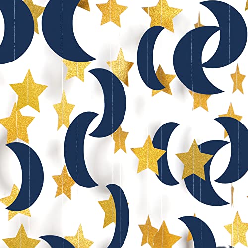 Navy-Blue Gold Moon-Star Party-Decorations Garland - 52Ft Twinkle Little Star Hanging Decoration Streamers Banner, Eid Ramadan Mubarak Decoration Birthday Wedding Baby Shower Party Decor Panduola