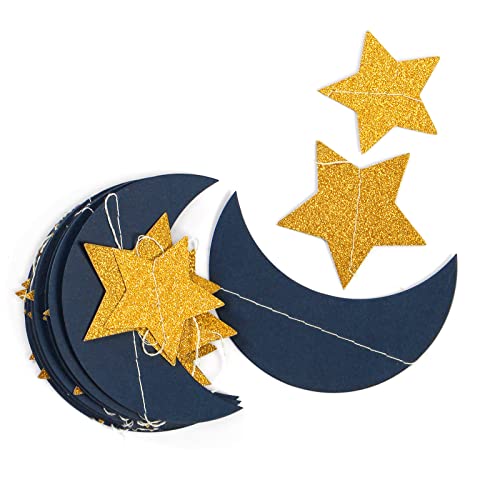 Navy-Blue Gold Moon-Star Party-Decorations Garland - 52Ft Twinkle Little Star Hanging Decoration Streamers Banner, Eid Ramadan Mubarak Decoration Birthday Wedding Baby Shower Party Decor Panduola