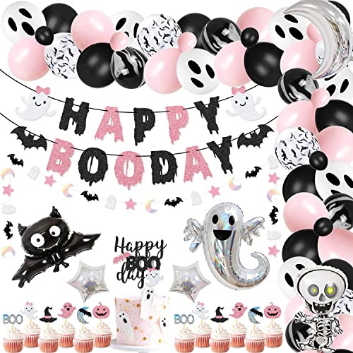 94 Packs Pink Black Halloween Birthday Party Kit Happy Boo Day Banner Cake Topper Halloween Ghost Cupcake Toppers Skeleton Bat Mylar Balloons for Pink and Black Halloween Birthday Party Decorations