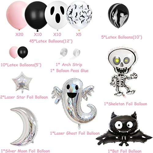 94 Packs Pink Black Halloween Birthday Party Kit Happy Boo Day Banner Cake Topper Halloween Ghost Cupcake Toppers Skeleton Bat Mylar Balloons for Pink and Black Halloween Birthday Party Decorations