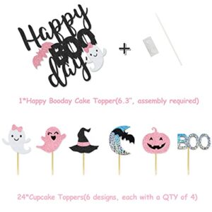 94 Packs Pink Black Halloween Birthday Party Kit Happy Boo Day Banner Cake Topper Halloween Ghost Cupcake Toppers Skeleton Bat Mylar Balloons for Pink and Black Halloween Birthday Party Decorations