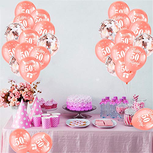 HOWAF 50th Birthday Balloons, Pack Of 30 Rose Gold Birthday Balloons Latex Confetti Balloons & 2 Ribbons for Men Women Happy 50th Birthday Party Decorations Supplies