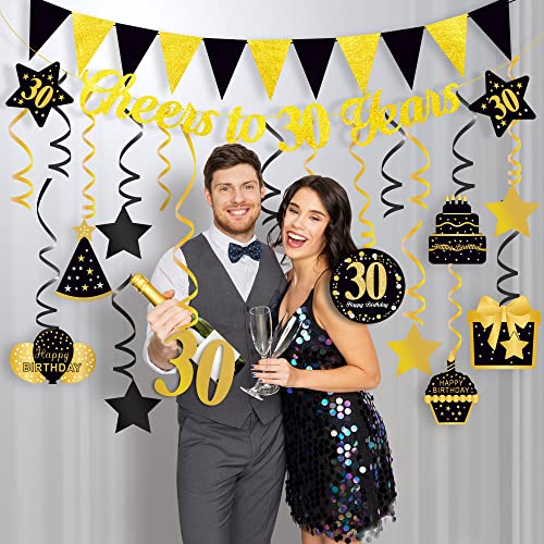 PRE-STRUNG 30th Birthday Banner, Cheers to 30 Years Banner, Happy 30th Birthday Hanging Swirl Ceiling Decoration for Men Women Him Her, Black Gold 30 Year Old Birthday Party Decor Kit, 30PCS, Vicycaty