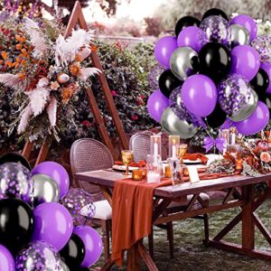 GREMAG Black and Purple Balloon, 60 Pcs Latex Balloon, 12inch Purple Black Silver Confetti Balloon with Ribbons, for Wedding, Birthday Party Decorations, Anniversary, Graduation, Theme Party Supplies