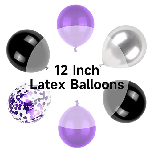 GREMAG Black and Purple Balloon, 60 Pcs Latex Balloon, 12inch Purple Black Silver Confetti Balloon with Ribbons, for Wedding, Birthday Party Decorations, Anniversary, Graduation, Theme Party Supplies