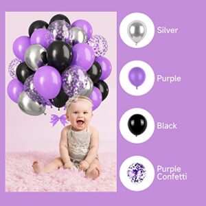 GREMAG Black and Purple Balloon, 60 Pcs Latex Balloon, 12inch Purple Black Silver Confetti Balloon with Ribbons, for Wedding, Birthday Party Decorations, Anniversary, Graduation, Theme Party Supplies