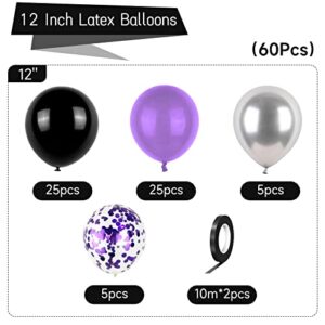 GREMAG Black and Purple Balloon, 60 Pcs Latex Balloon, 12inch Purple Black Silver Confetti Balloon with Ribbons, for Wedding, Birthday Party Decorations, Anniversary, Graduation, Theme Party Supplies