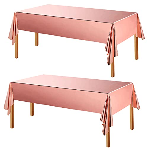 2Pcs Rose Gold Plastic Tablecloth Rose Gold Tinsel Foil Table Cover Disposable Rectangular Metallic Tablecloth Rose Gold Party Supplies Decorations for Bachelorette, Baby Shower, Wedding Table Decor