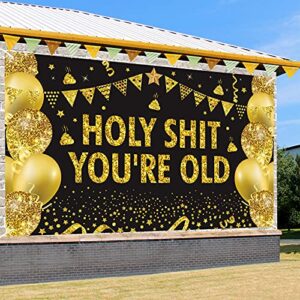 Holy Shit You’re Old Banner Funny Birthday Decorations, 30th 40th 50h 60th 70th 80th Birthday Backdrop Party Supplies, Funny Birthday Poster Décor(72.8 X 43.3 Inch)