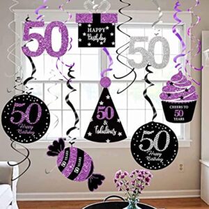 50th Birthday Decorations for Women Purple Silver Black Qian’s Party Purple Silver Black Foil Hanging Swirls Decorations 50th Birthday Party Hanging Decor – Women 50th Birthday Party Decoration Swirls - Set of 15