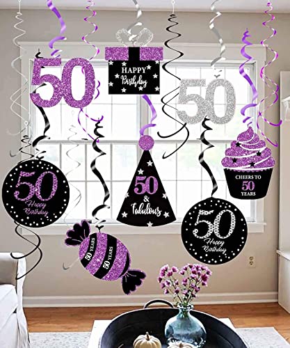 50th Birthday Decorations for Women Purple Silver Black Qian’s Party Purple Silver Black Foil Hanging Swirls Decorations 50th Birthday Party Hanging Decor – Women 50th Birthday Party Decoration Swirls - Set of 15