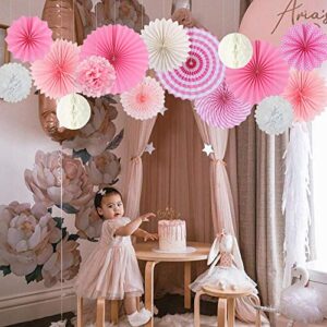 Hanging Party Decorations Set Tissue Paper Fan Paper Pom Poms Flowers and Honeycomb Ball for Wedding Birthday Baby Showers Engagement Party Decor Pink Kit