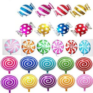 24pcs sweet candy balloons for birthday wedding parties, including 16pcs round lollipop balloons and 8pcs candy lollipop balloons aluminum balloons.